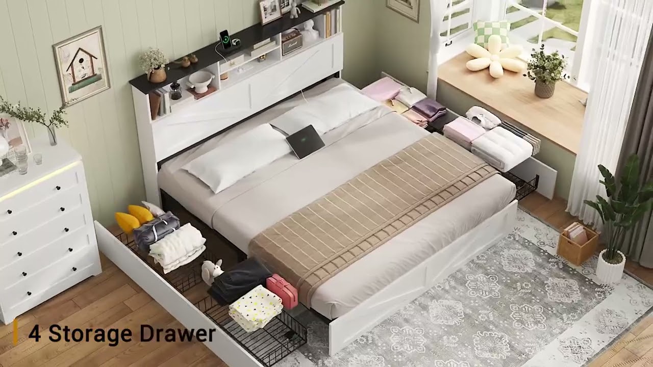 AOGLLATI Farmhouse Bed Frame 4 Drawers