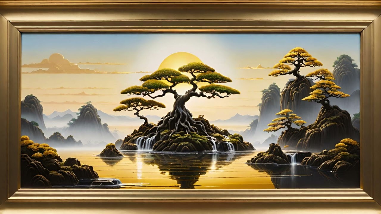 Vintage Bonsai Tree Sunrise Tv Art Screensaver Gold frame 4K Background Wallpaper Modern Art Samsung