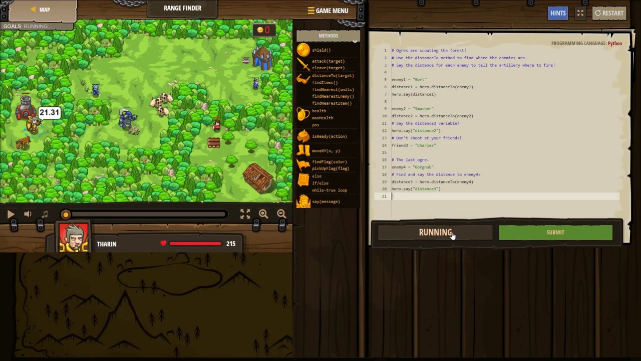 CODE COMBAT PYTHON level RANGE FINDER, Arguments Basic Syntax Strings Variables