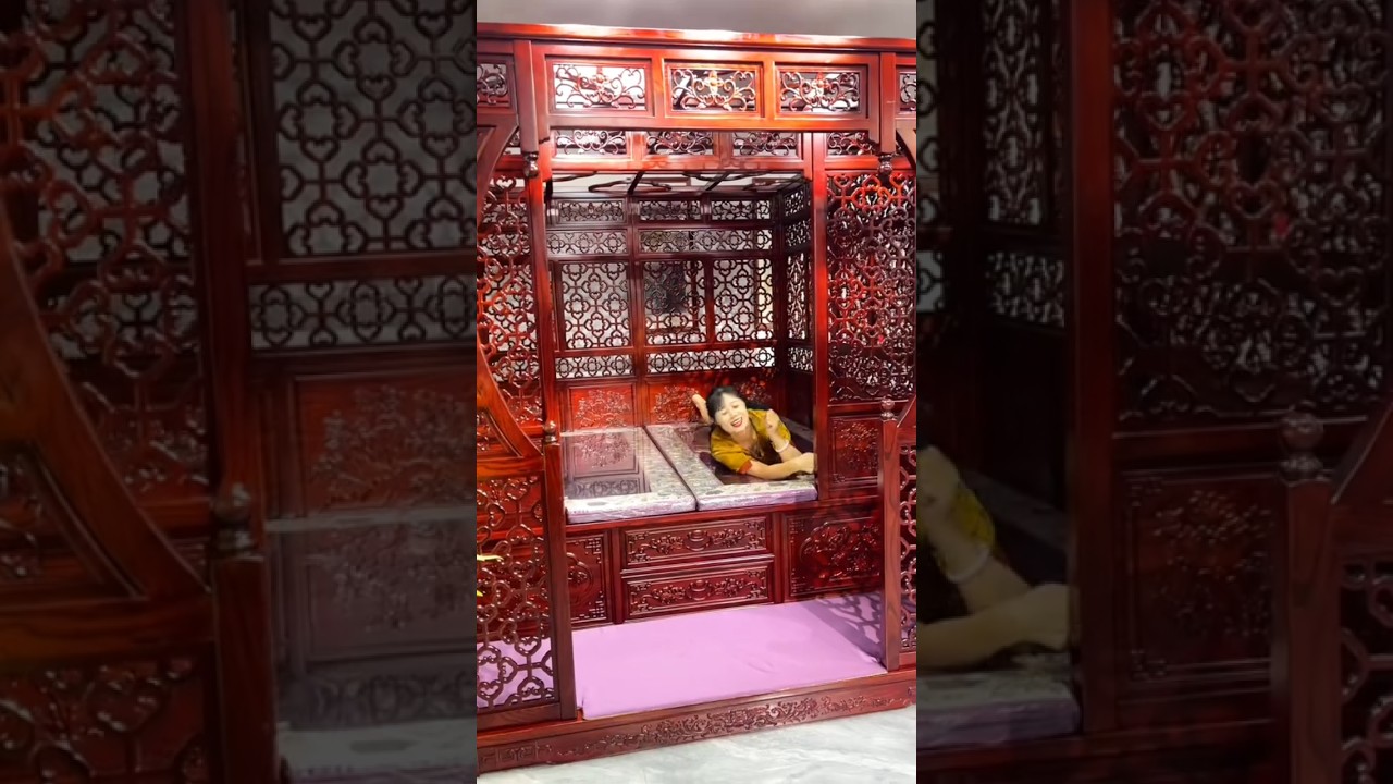 “Ancient Wisdom 🏮 Solid Wood Canopy Bed #ChineseFurniture #BedFrame #Craftsmanship”