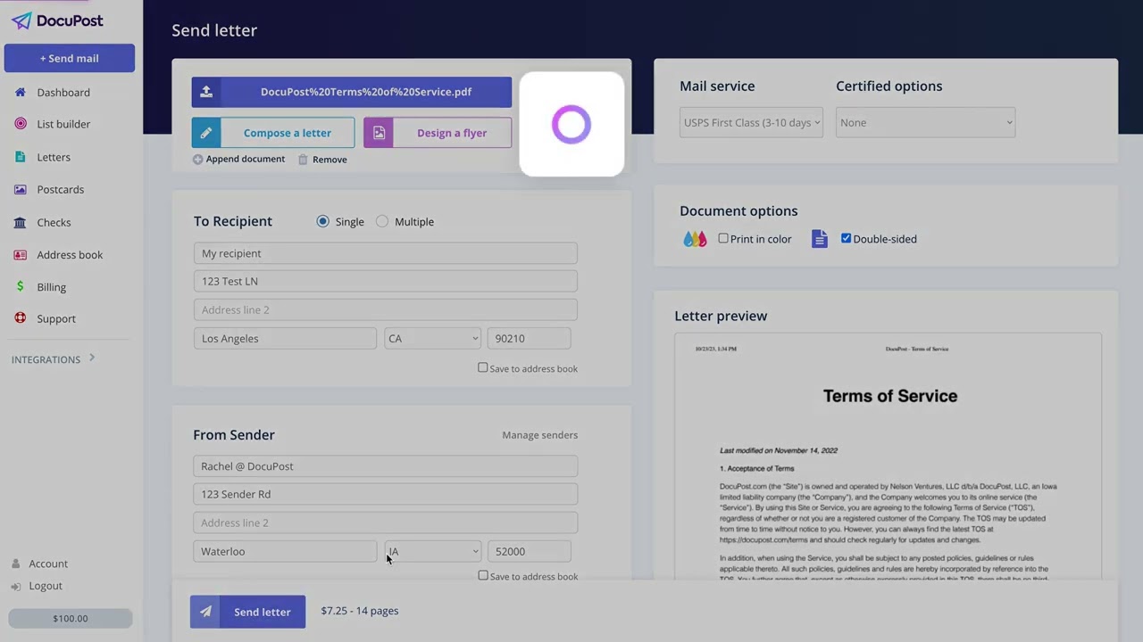 Send Postal Mail Online with DocuPost (Quick demo)