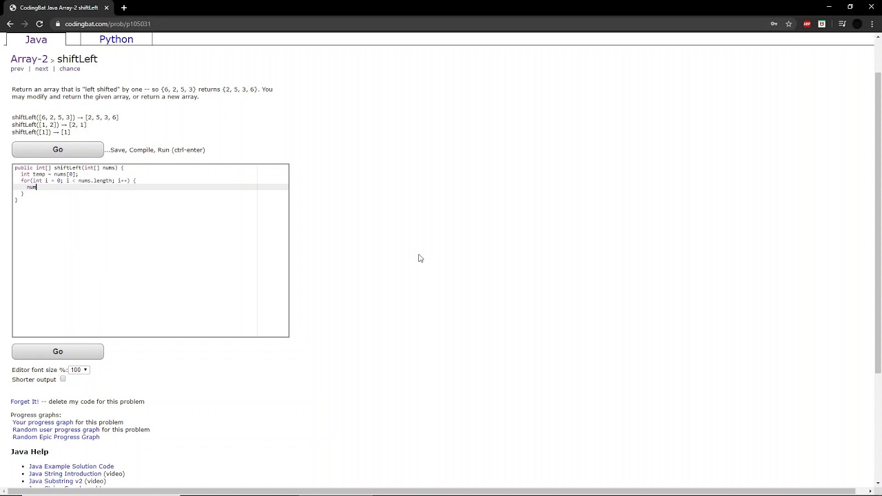 Array-2 (shiftLeft) Java Tutorial || codingbat.com