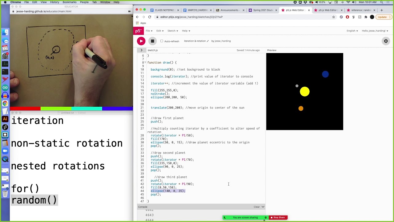 p5js: iterating incrementation & nested rotations