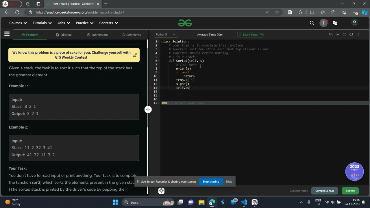 Sort A Stack using RECURSION Python Aditya Verma approach