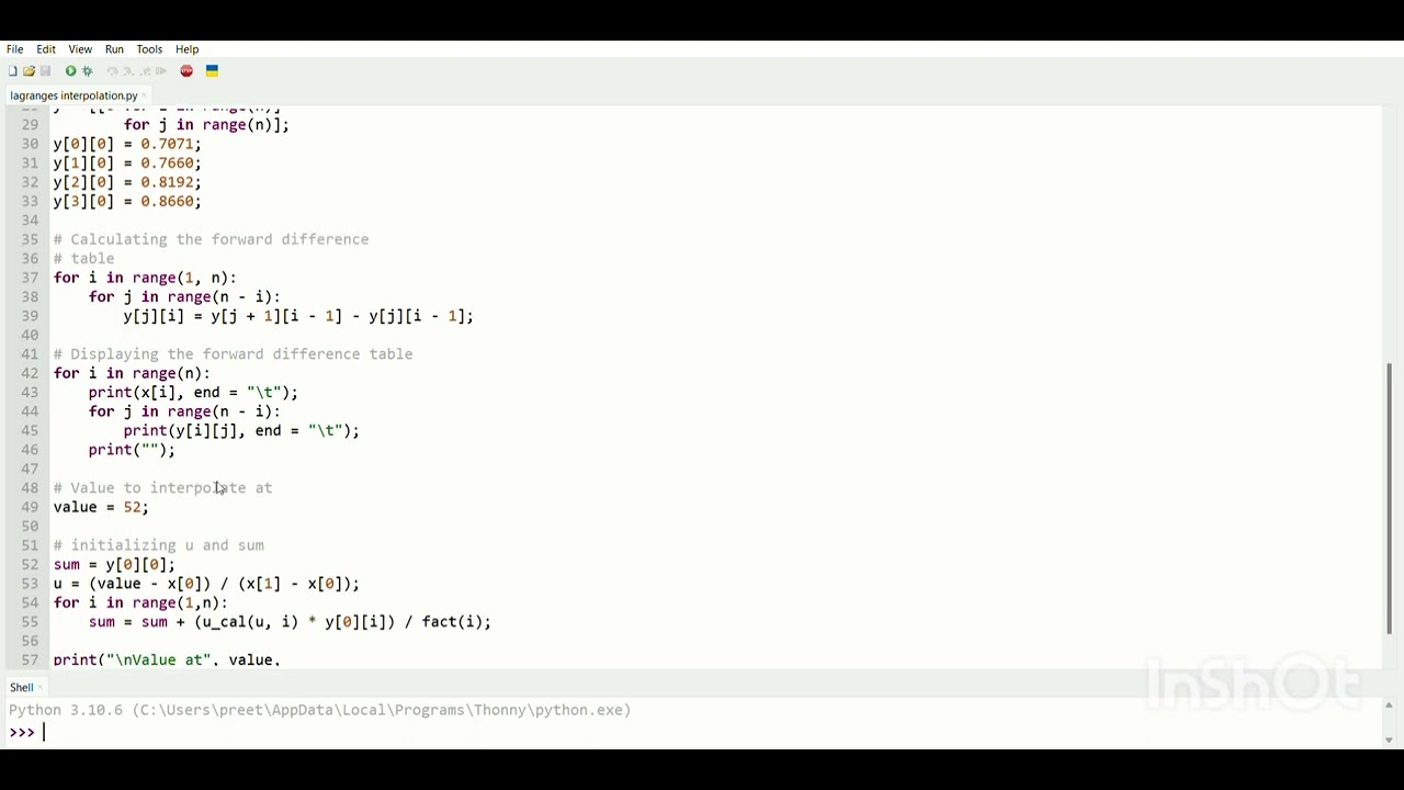 Newton Interpolation Formula Using python