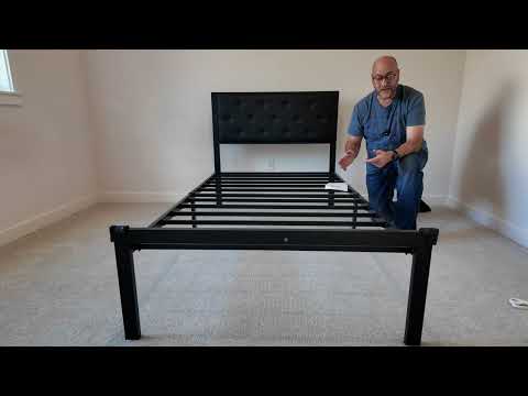 Twin Size Metal Bed Frame with Faux Leather Button Tufted Headboard