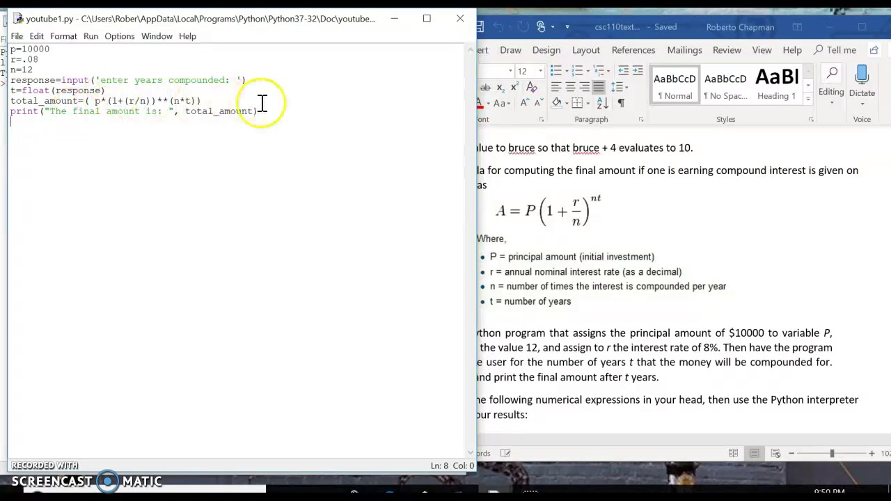 Generation python code for basic compunded interest