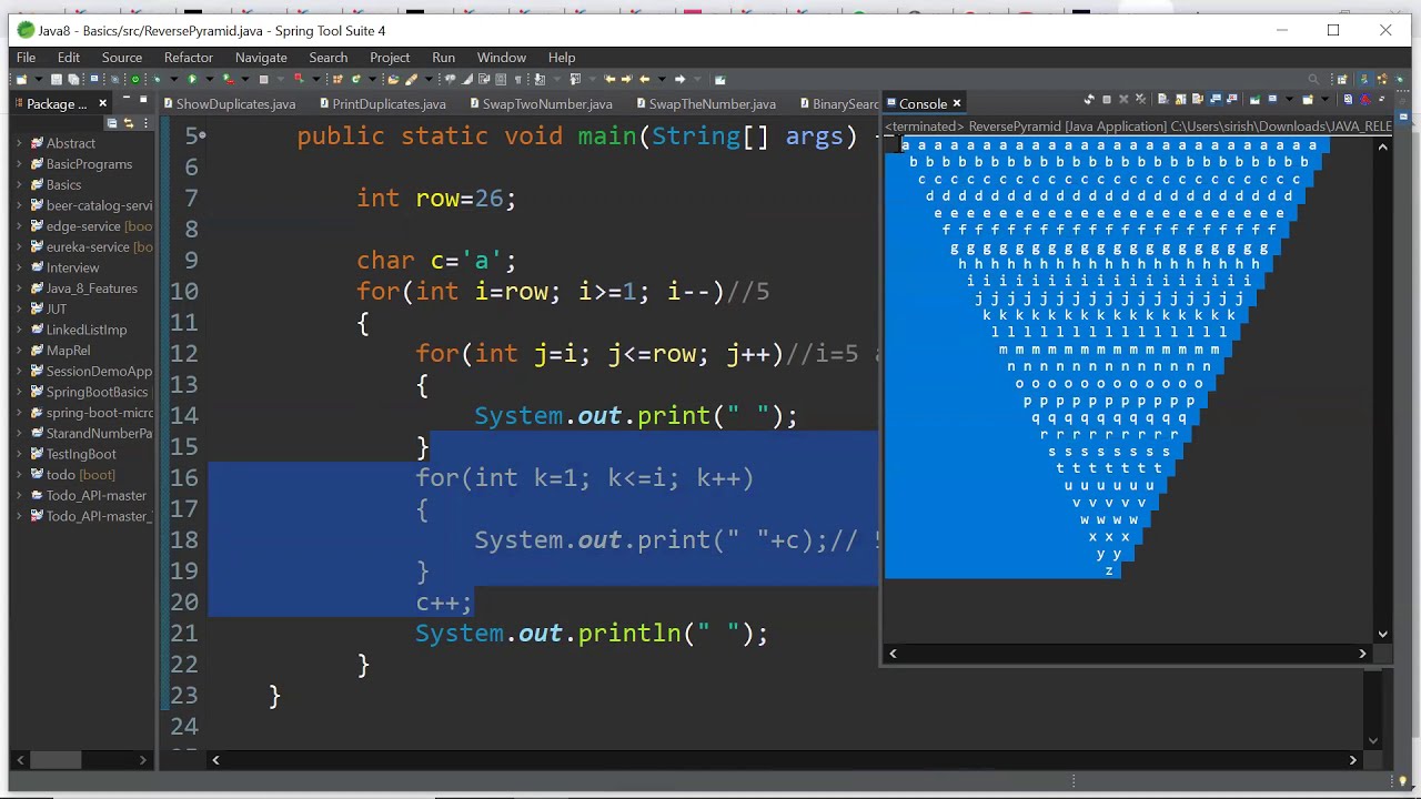 Reverse Pyramid in  Star, Number and Character Pattern In Java Pat-4