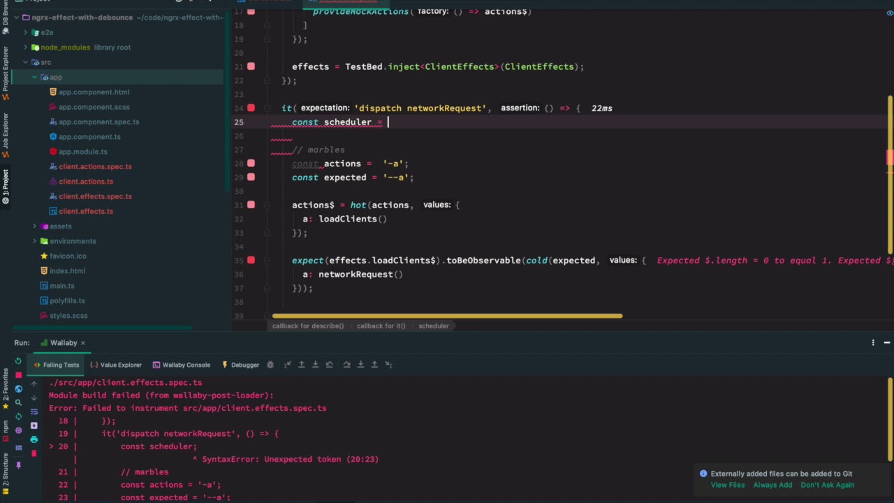 How to test debounceTime in an angular ngrx effect using jasmine marbles