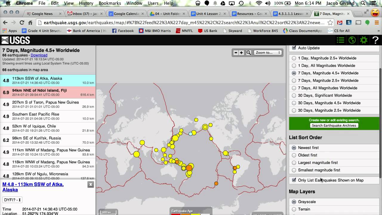 USGS Earthquake Map Settings