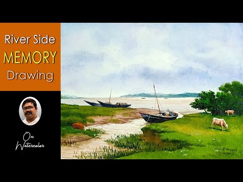 River Side Village Scenery Drawing Easy | River Side Scenery Drawing Step By Step With Watercolor