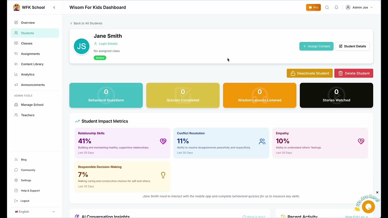 Managing Students & Classes | WFK Dashboard