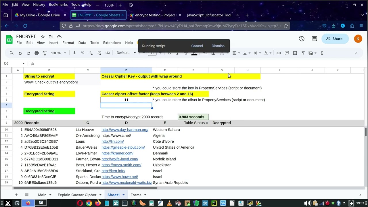 Encryption - Caesar Cipher Google Sheets / App Script