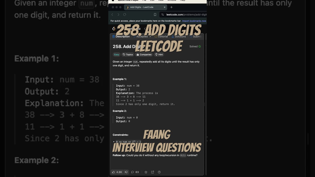 Leetcode 258 - Add Digits #leetcode #python #faang #codinginterview #programming  #leetcodepython