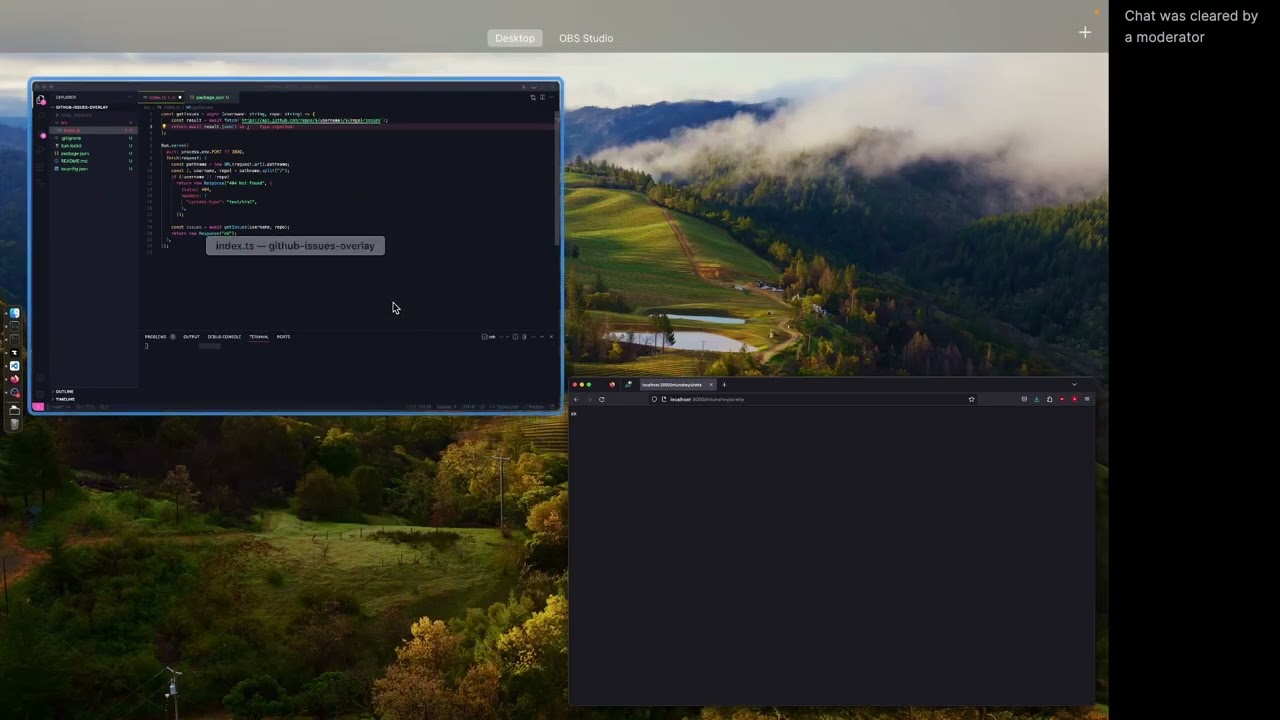 building a github issue overlay for twitch | bun, typescript & react | mic off