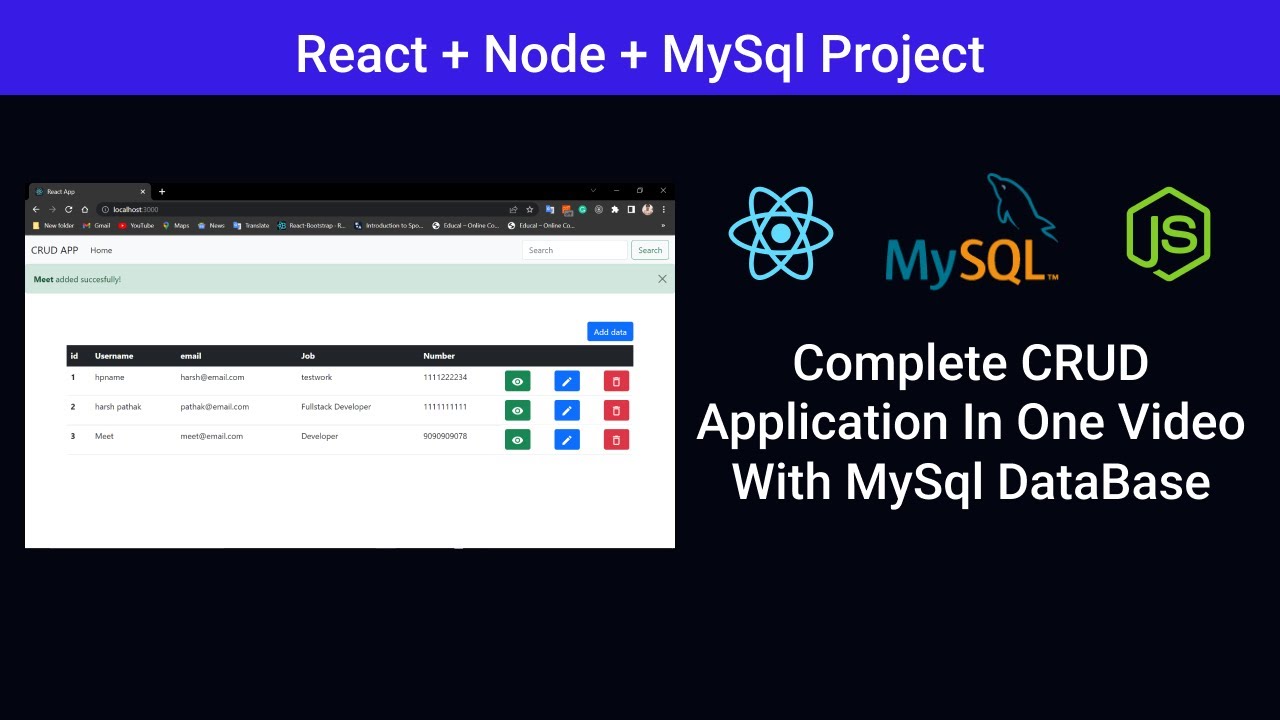 CRUD Application With ReactJs , NodeJs , ExpressJs,  MySql DataBase In One Video #mysql #react