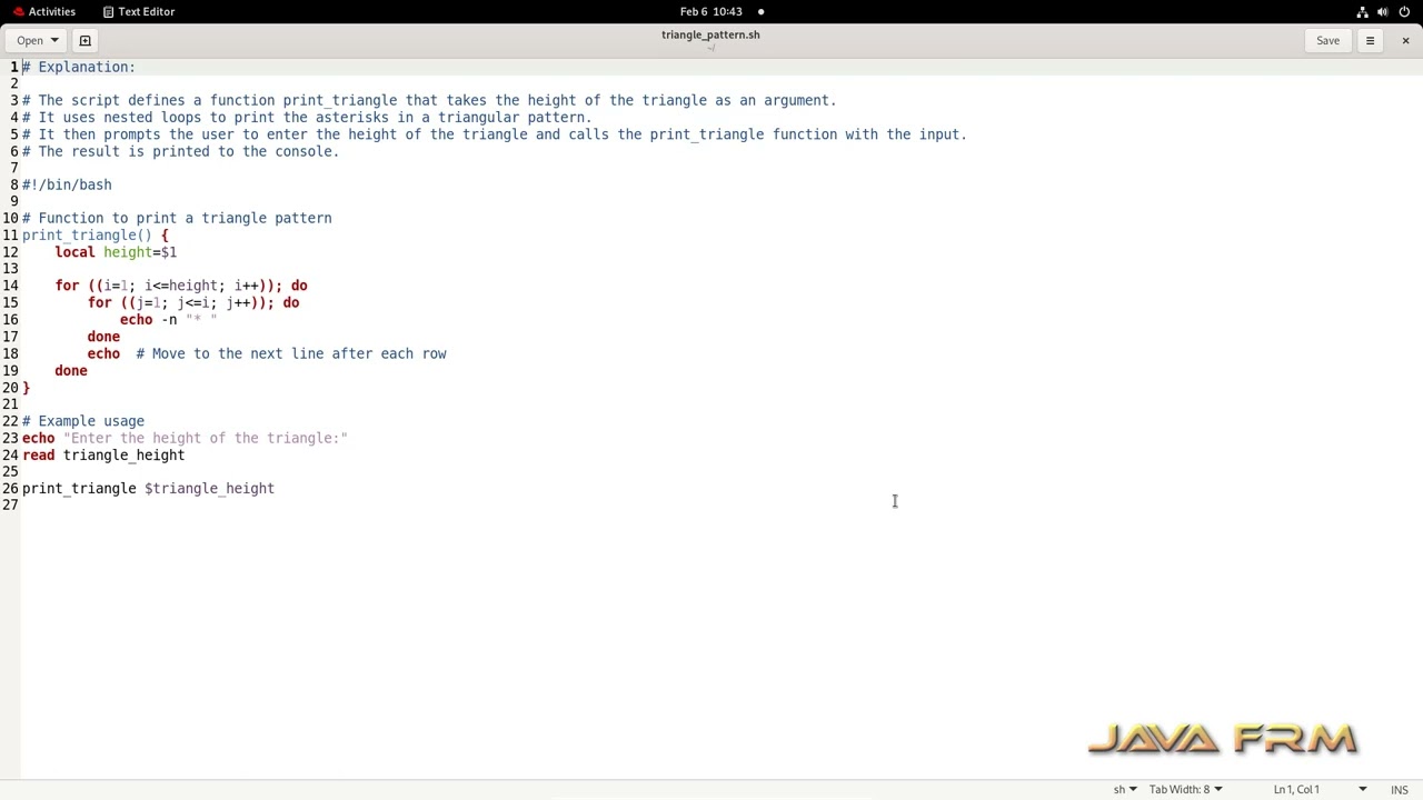 How to print triangle pattern in terminal using linux shell script - bash script examples in RHEL 9