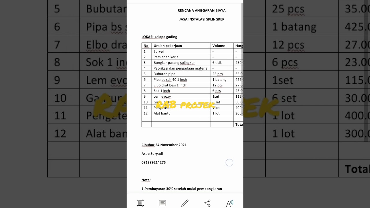 contoh pengajuan harga pek splingker #RAB #proyek