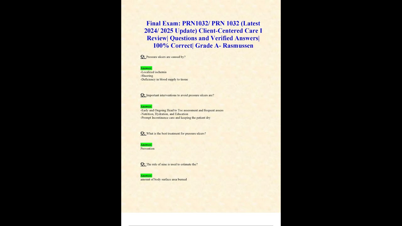 FINAL EXAM PRN1032/PRN 1032 LATEST 2024/2025 UPDATE CLIENT CENTERED CARE I REVIEW QUESTIONS #short