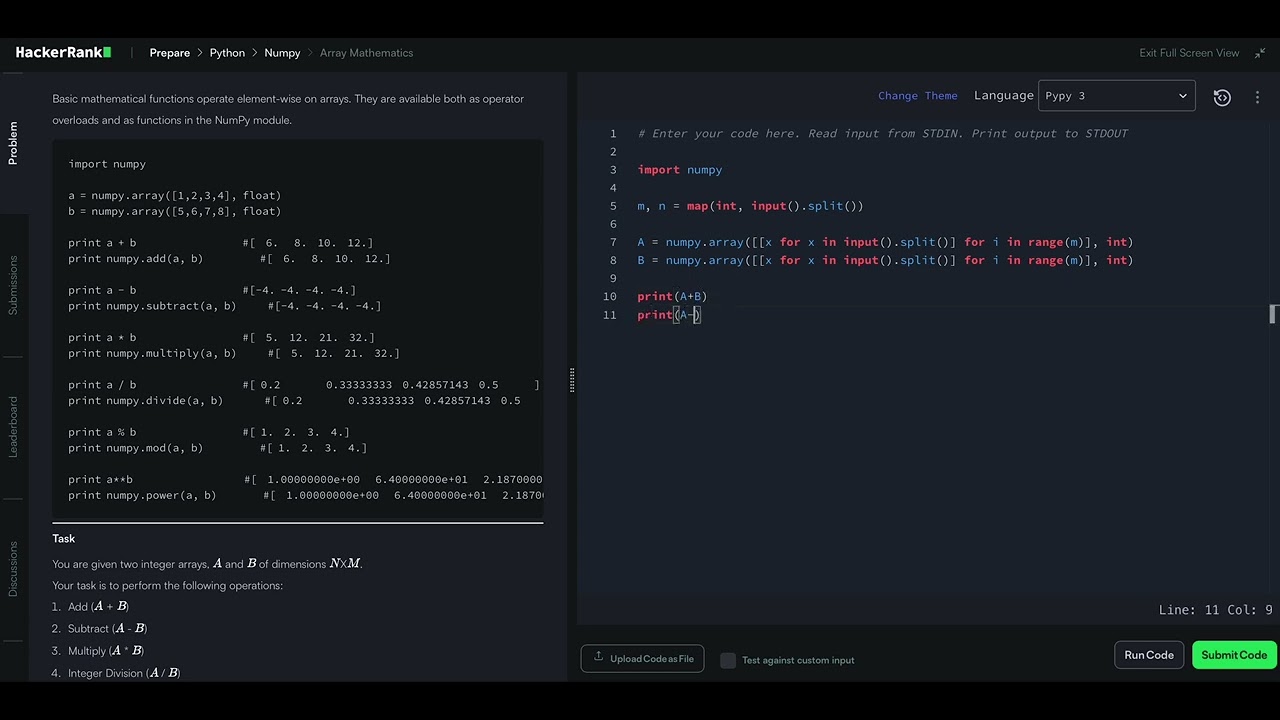 Hackerrank Python Solution  #7 Numpy - Array Mathematics