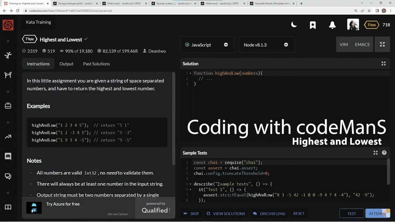 Codewars 7 kyu Highest and Lowest Javascript