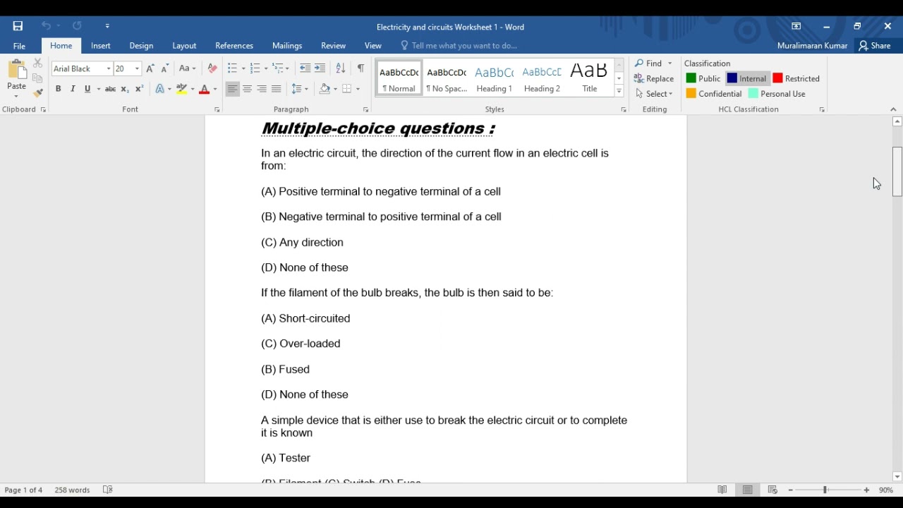 Worksheets Electricity and Circuits