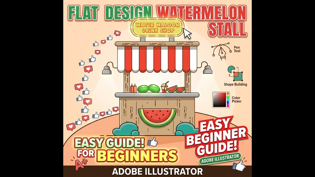How to Draw a Flat Design Watermelon Stall | Adobe Illustrator for Beginners