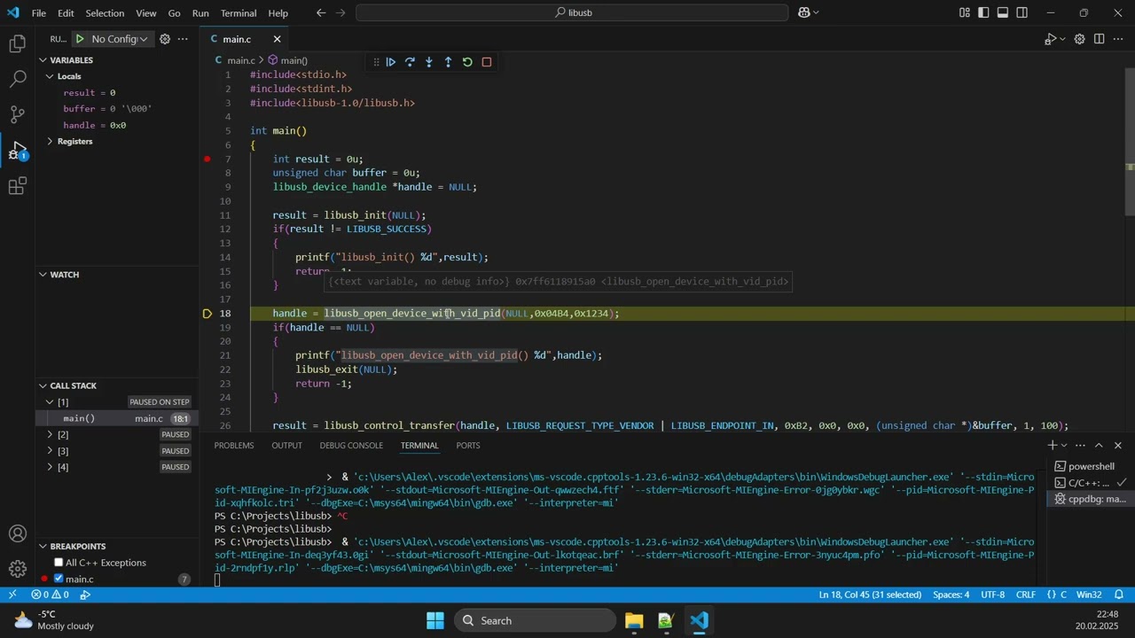 How to send a USB control transfer (endpoint in) in C with libusb 1.0 on Windows