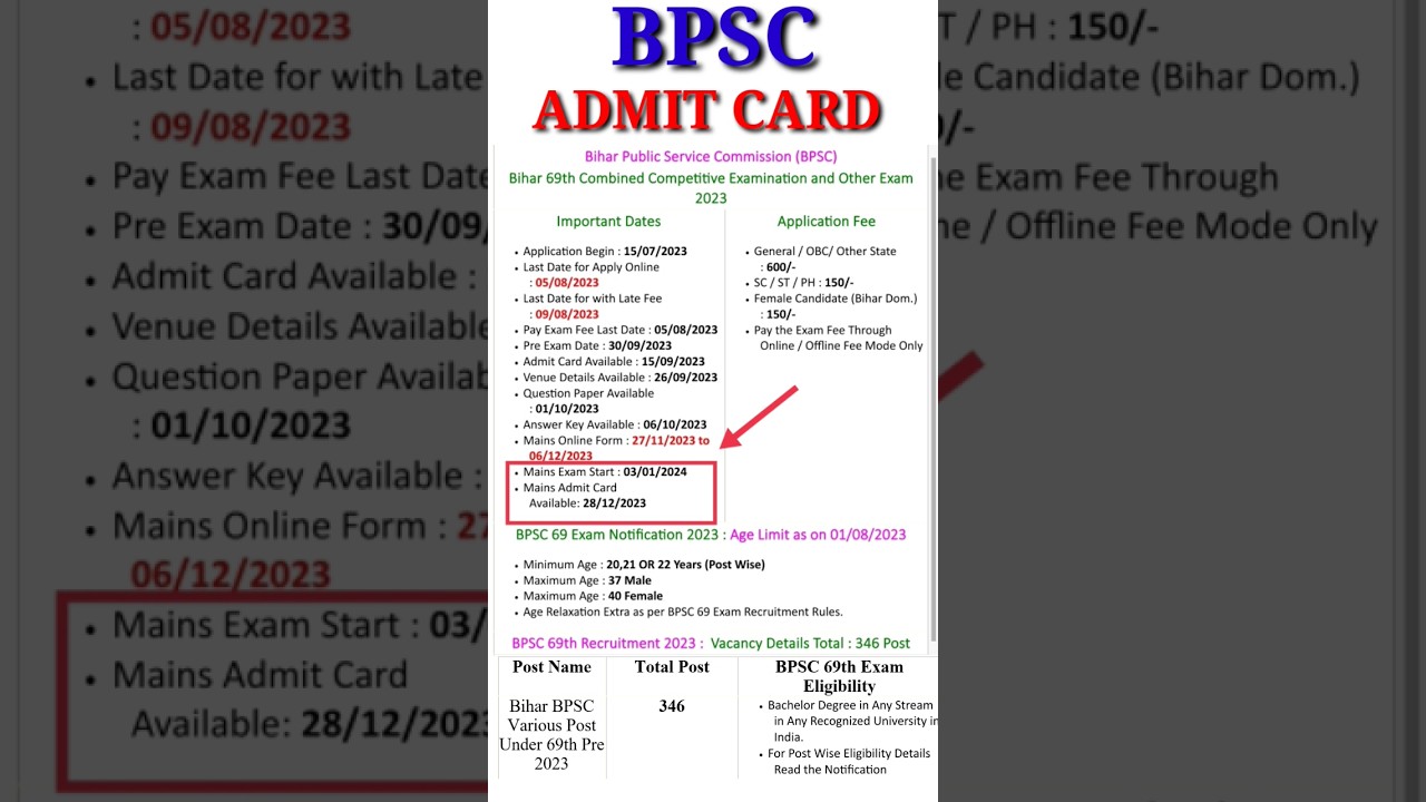 Bihar Public Service Commission Admit Card download || BPSC 69th Main Admit Card 2023