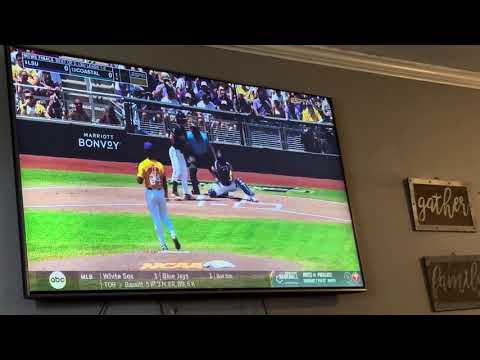 Game 2 of College World Series Finals LSU first pitch by Kade Anderson