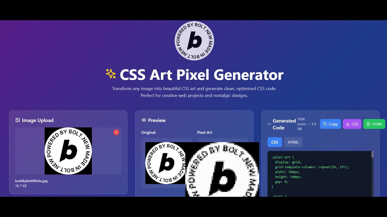 CSS Art Pixel Generator websits - built using a single prompt on  Bolt.new