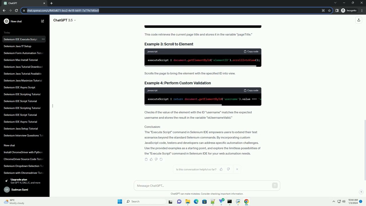 selenium ide execute script command