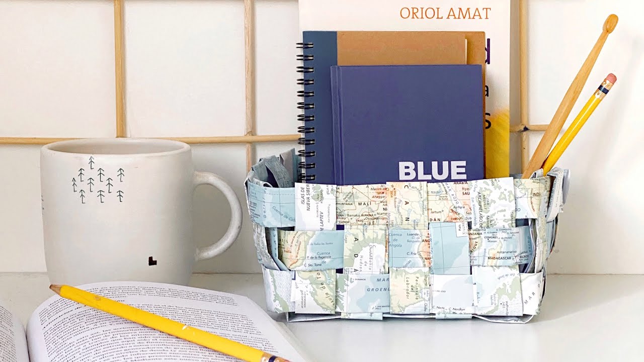 Cómo hacer un canasto de papel. Decoración con mapas