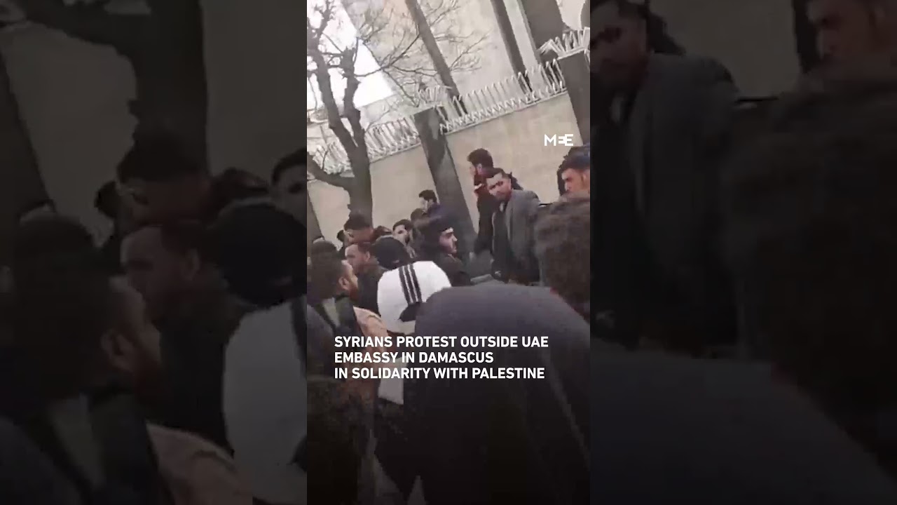 Syrians protest outside UAE embassy in Damascus in solidarity with Palestine