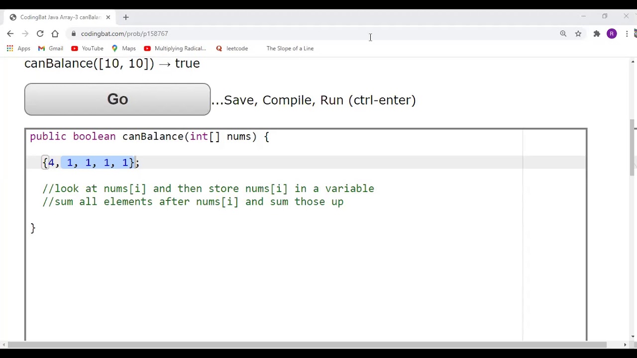 CodingBat - array3 - canBalance