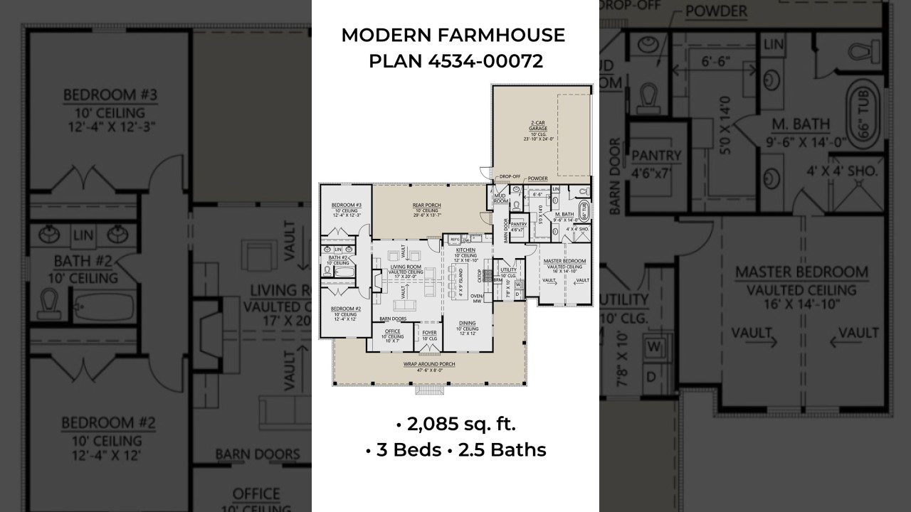 One-story, 2,085 sq. ft., 3 bed, 2.5 bath Modern Farmhouse Plan #short #homedesign #homeplan #house