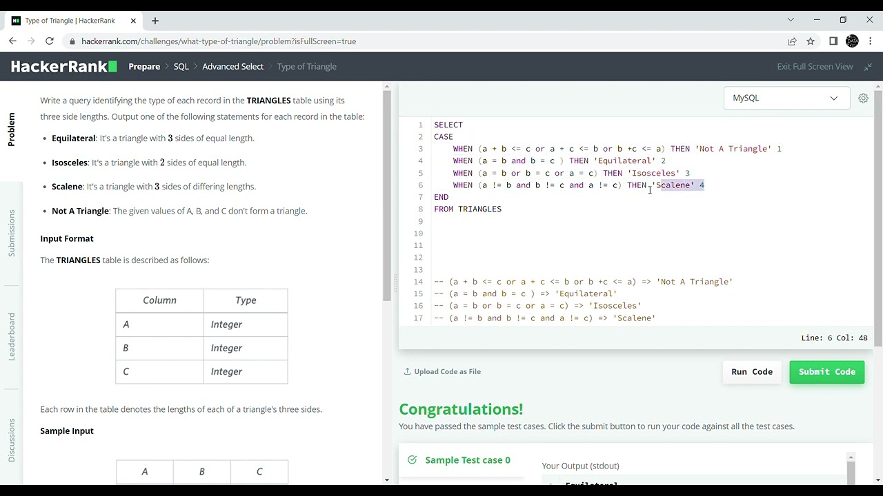 HackerRank SQL ||Type of Triangle || SQL Learning