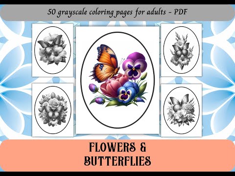 Flowers & Butterflies Set2, Grayscale Coloring Pages for Adults