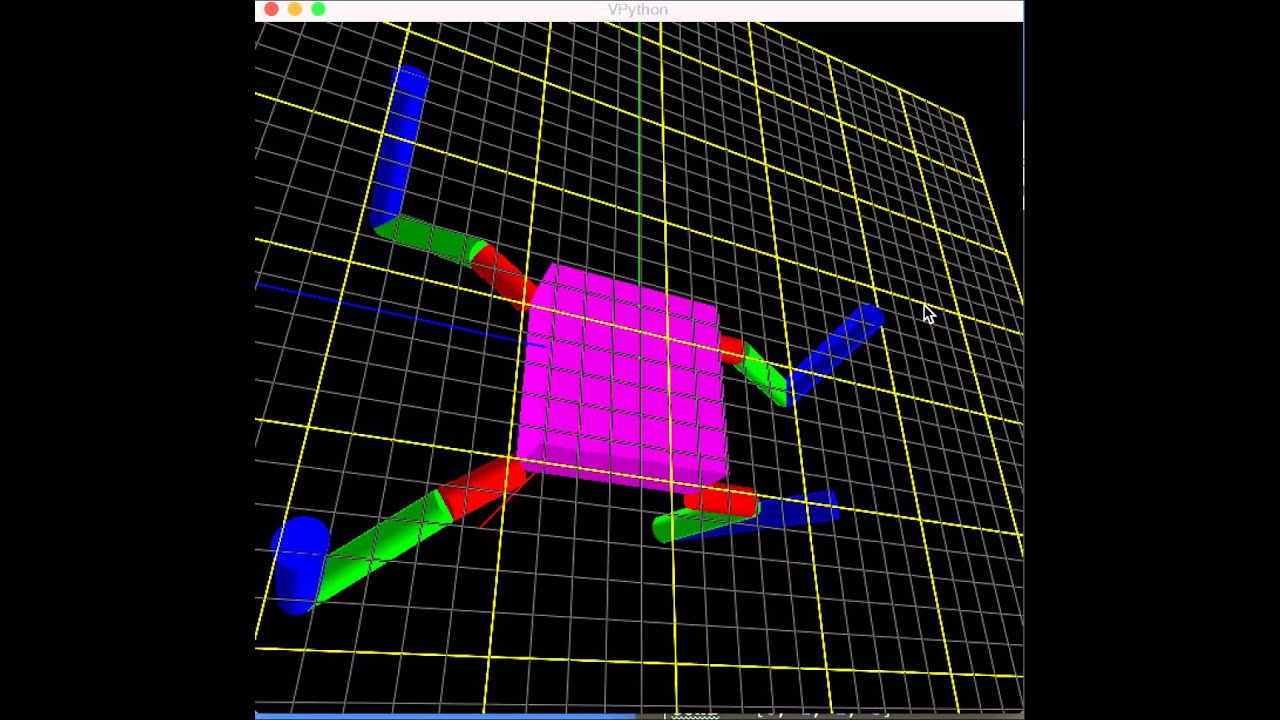 Spider crawler simulation by vpython (quadruped, quad robot)
