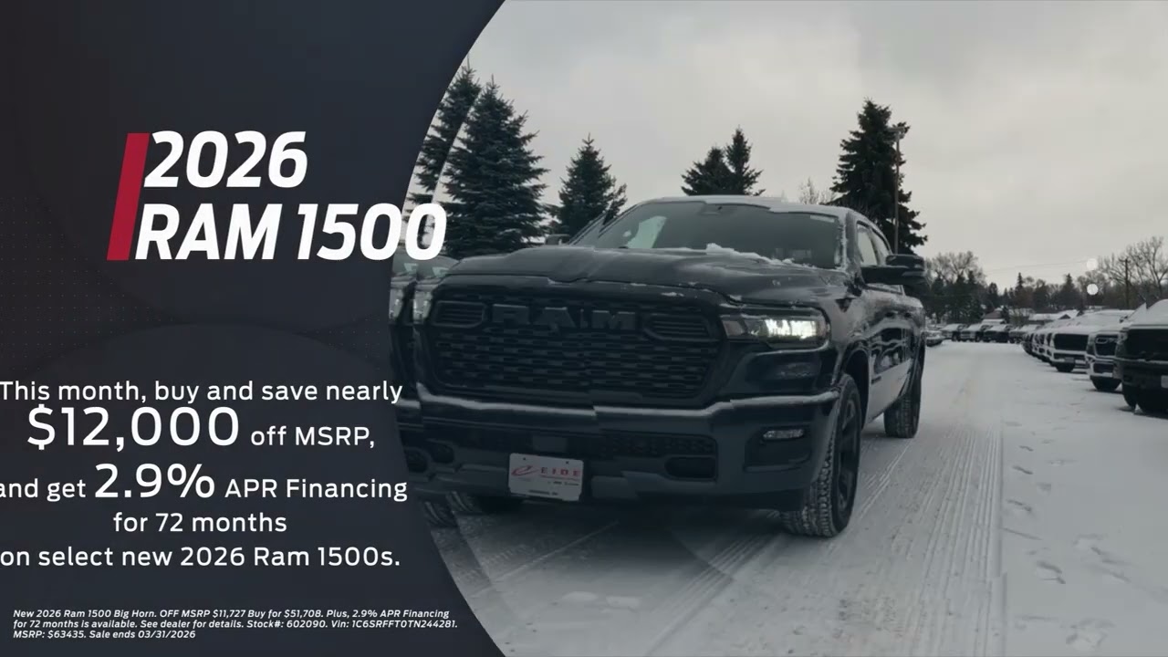 Save big on new 2026 Ram 1500s during Ram Truck Month at Eide Chrysler Bismarck Car Dealership