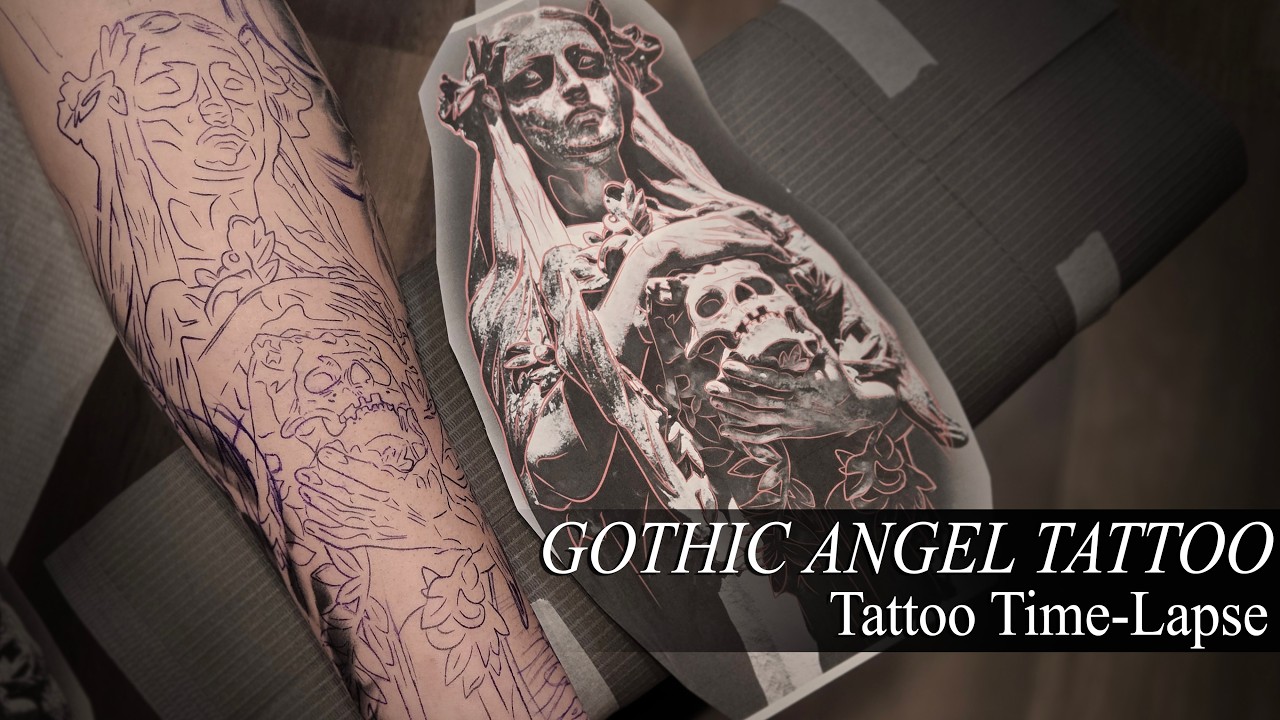 GOTHIC ANGEL STATUE | Black & Grey Tattoo Time-Lapse