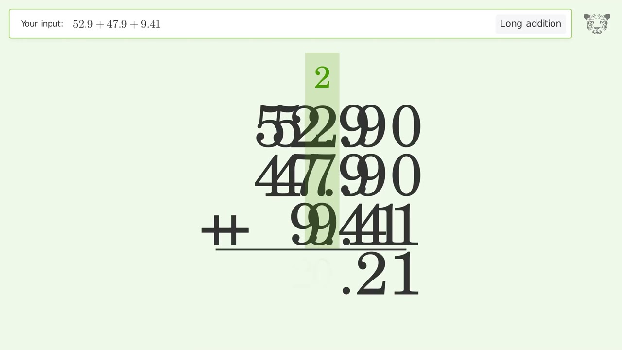 Long Addition Problem 52.9+47.9+9.41: Step-by-Step Video Solution | Tiger Algebra