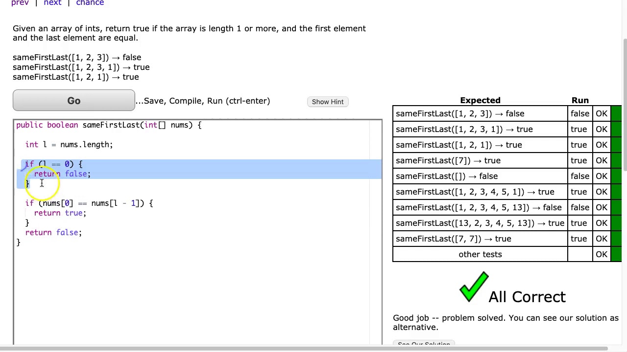 Codingbat - sameFirstLast (Java)