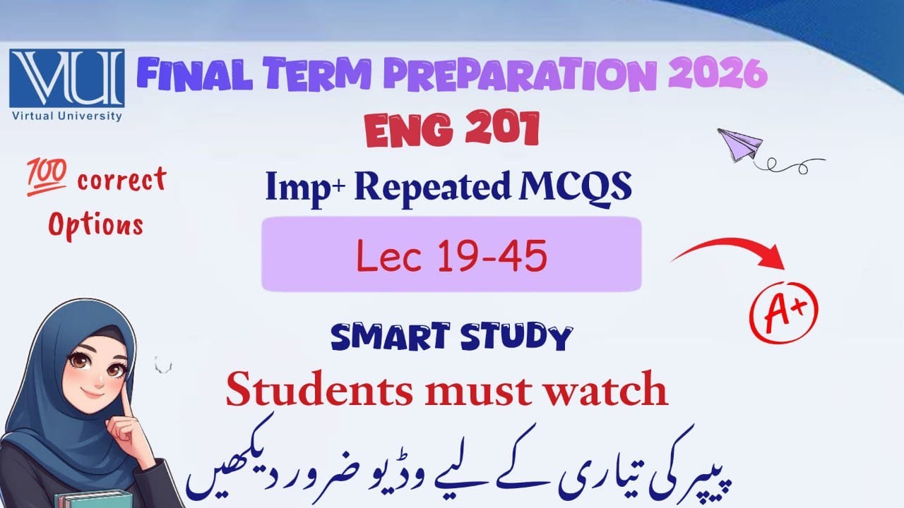 ENG 201 Final Term Preparation 2025-26 Most Important Repeated MCQs from Past Papers Solved for exam
