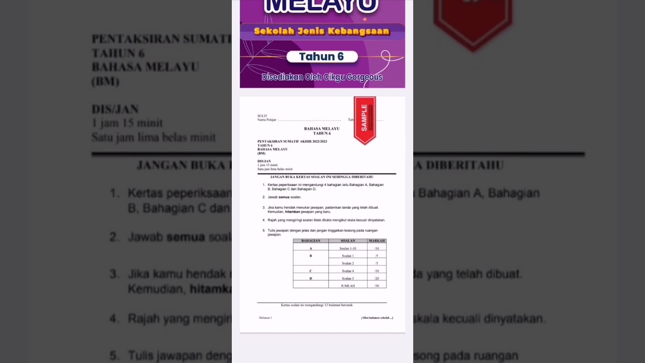 1 SET KERTAS PENTAKSIRAN SUMATIF AKHIR 2022/2023 BAHASA MELAYU SJK TAHUN 6 (FORMAT TERKINI UASA)