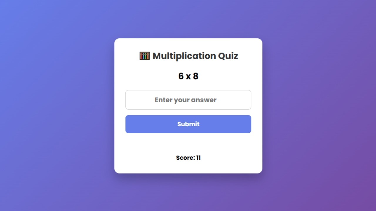 Multiplication Quiz App Using HTML CSS JavaScript 🧮 | Beginner JavaScript Project