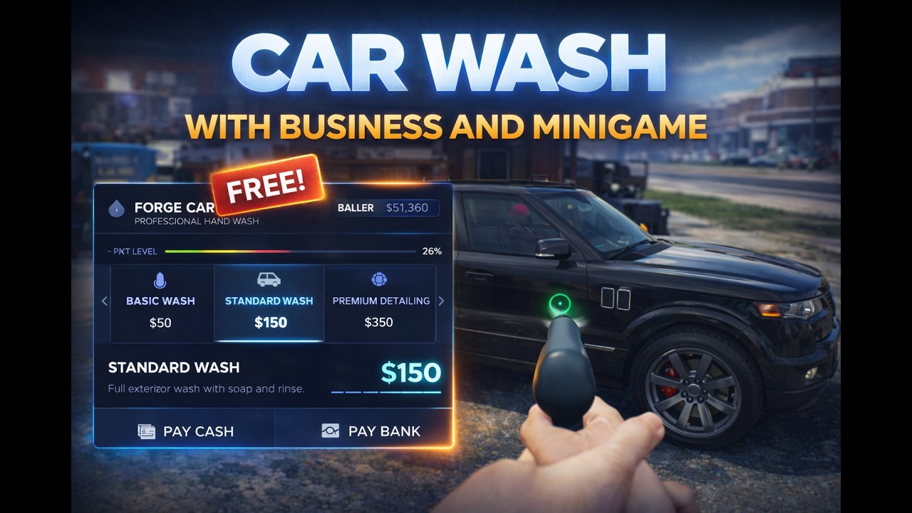 FREE! Car Wash FiveM | Business System, NPC Employees, Realistic Minigame, Wash Tiers