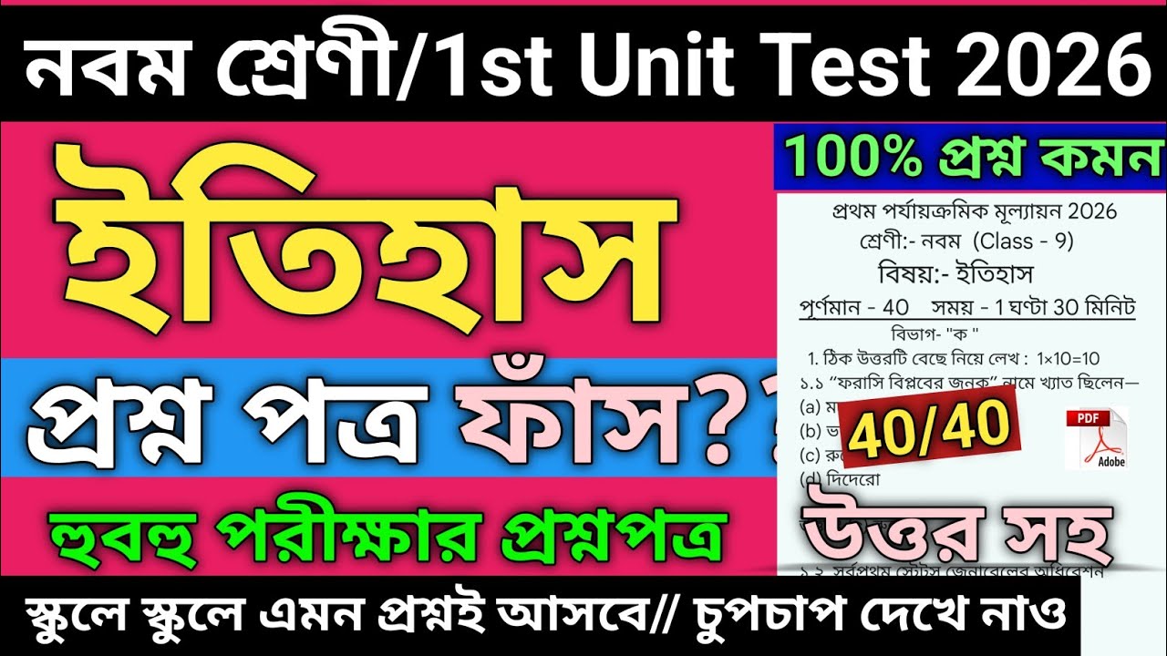 Class 9 History 1st Unit Test Suggestion 2026  | class 9 history 1st unit test question paper 2026