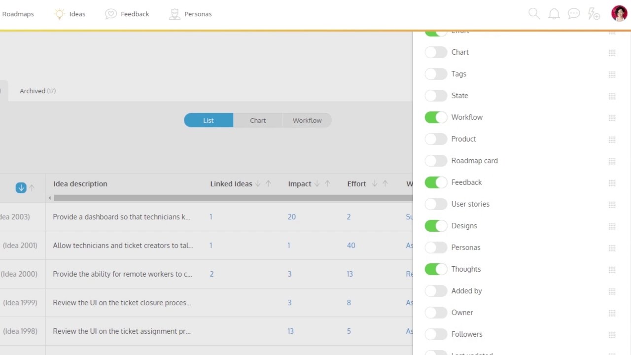 Working with the ideas list