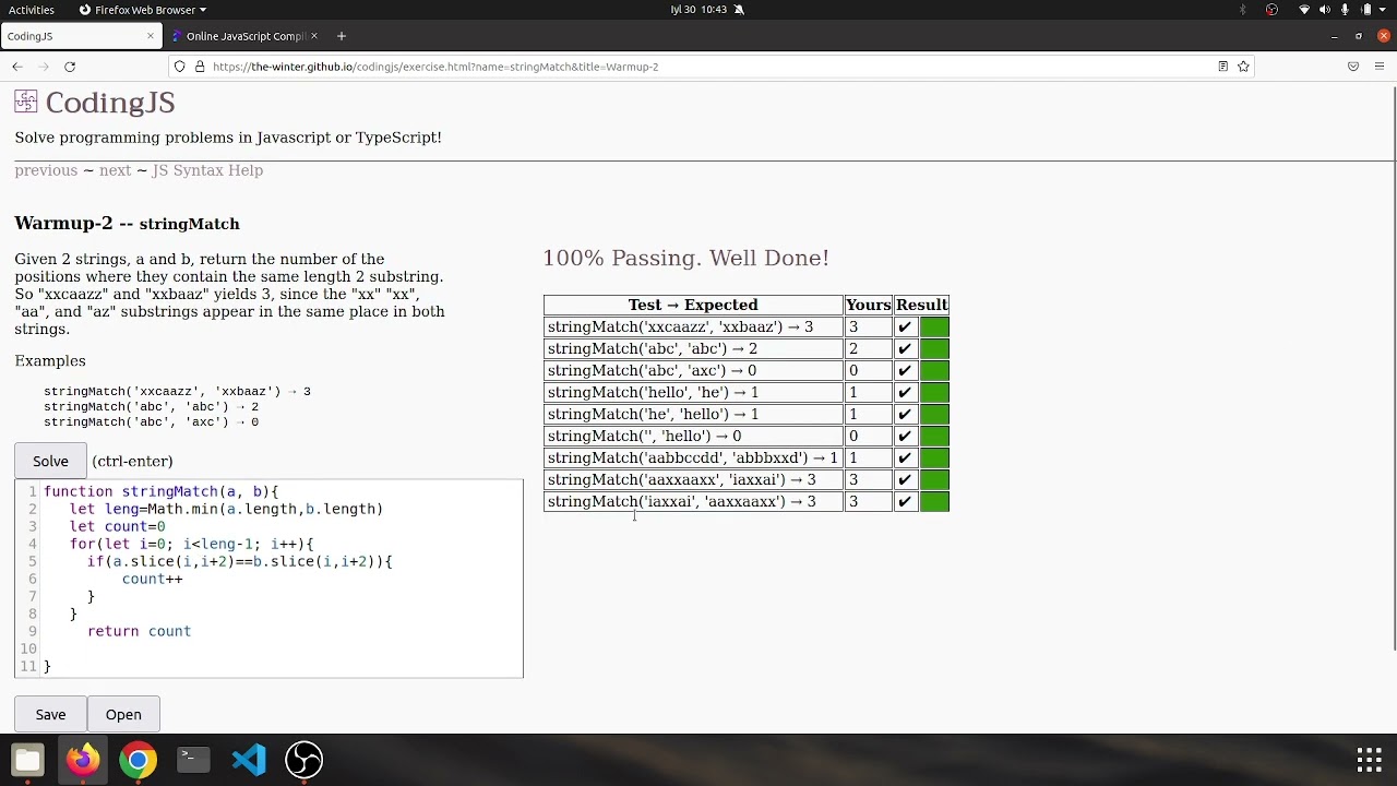 Warmup 2 stringMatch Javascript solution